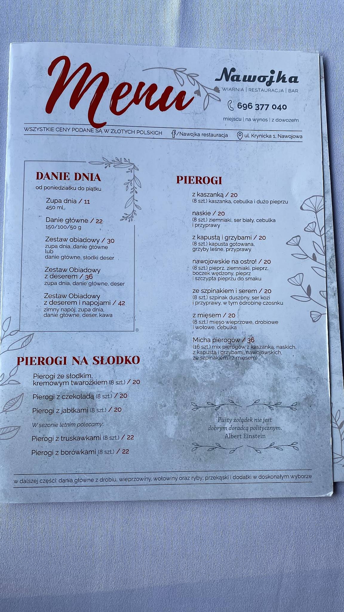 Menu at Restauracja Nawojka restaurant, Nawojowa