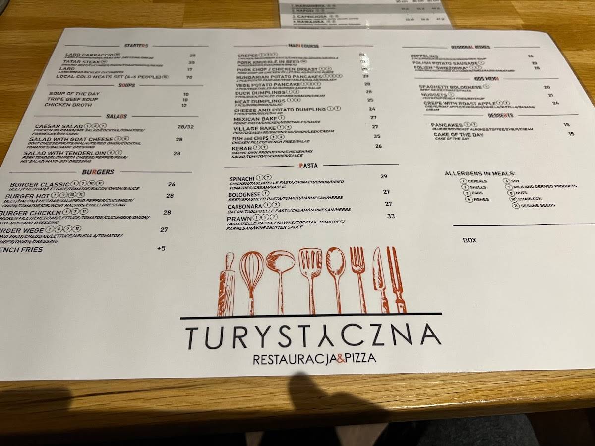 Menu at Restauracja Turystyczna restaurant, Gołdap, Królewiecka 6