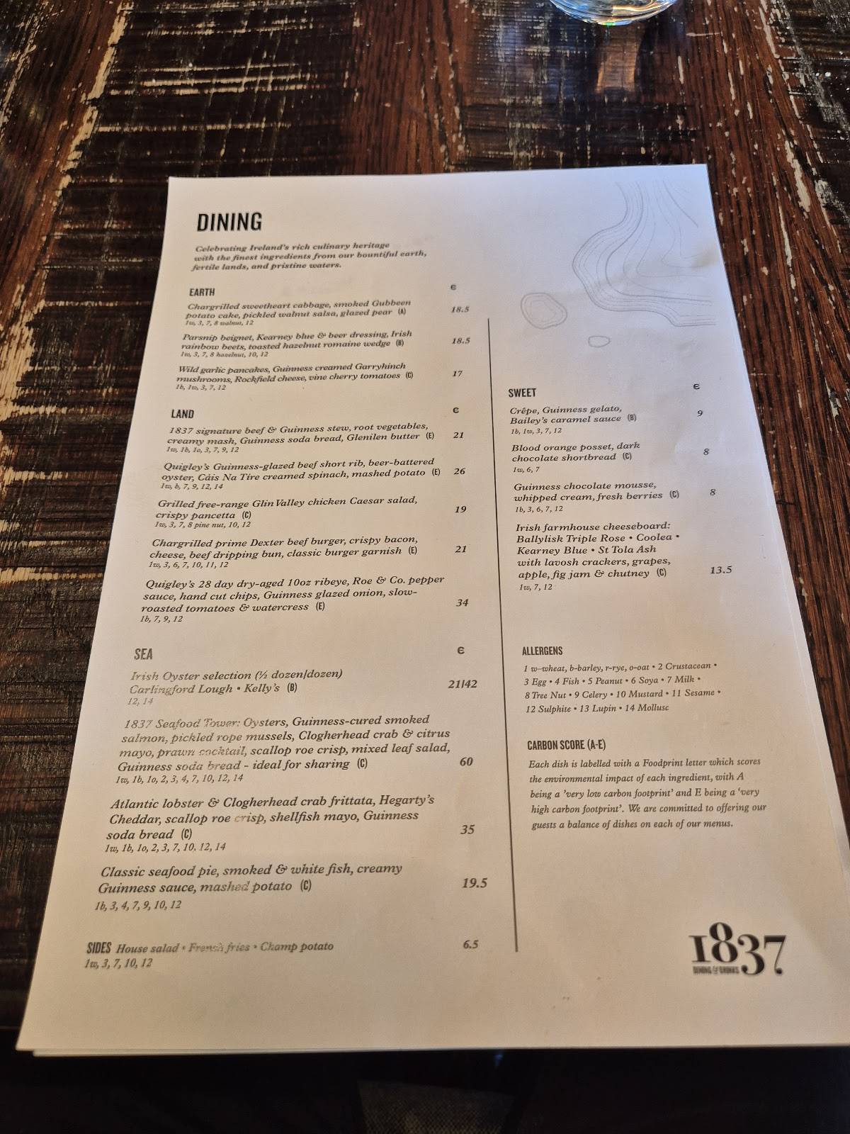 Menu at 1837 Bar & Brasserie at Guinness Storehouse, Dublin