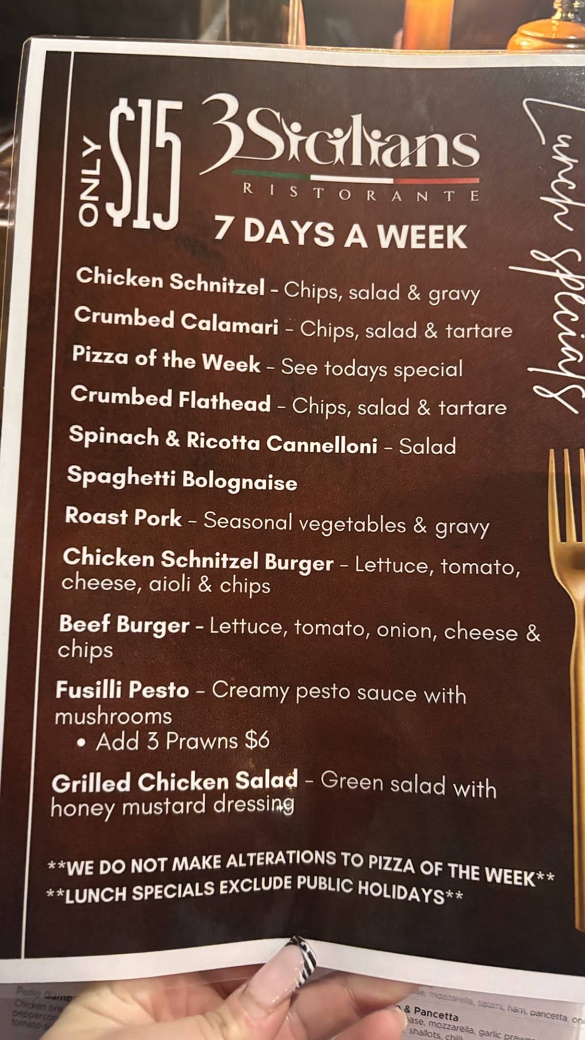 Menu at 3 Sicilians Ristorante restaurant, Stockton