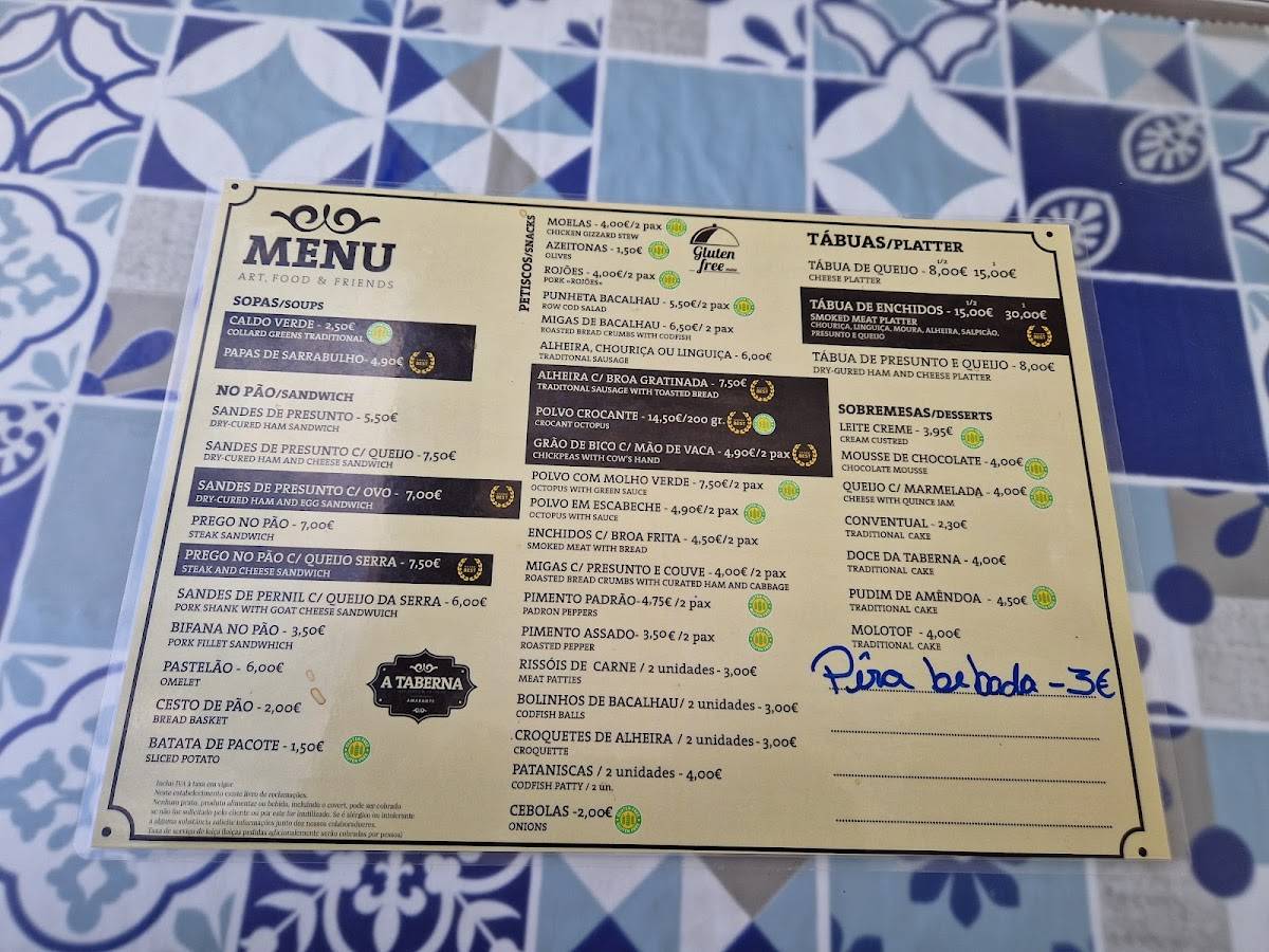 Menu em A Taberna restaurante, Amarante