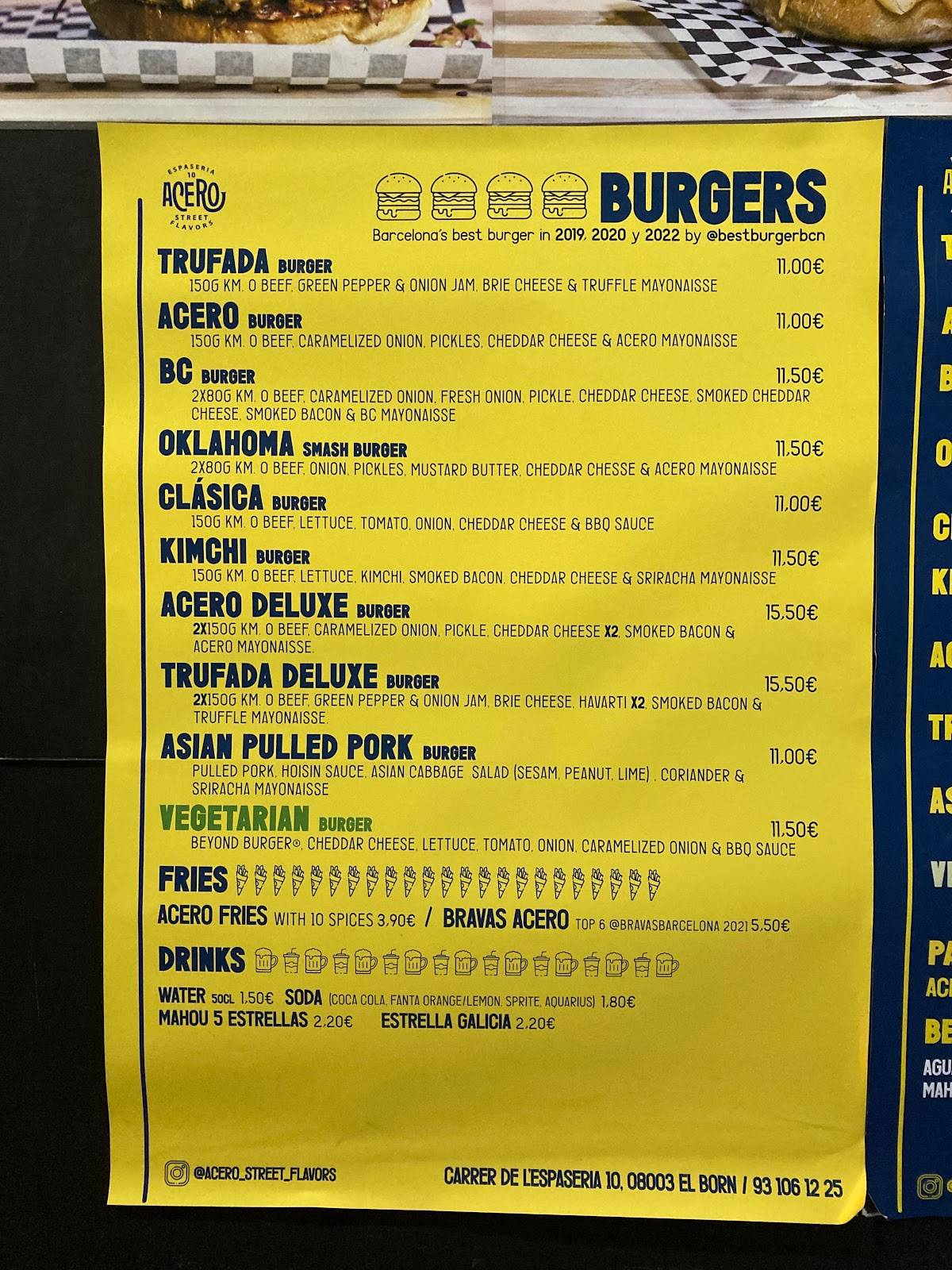 Carta del restaurante Acero Street Flavors - Burgers Born, Barcelona