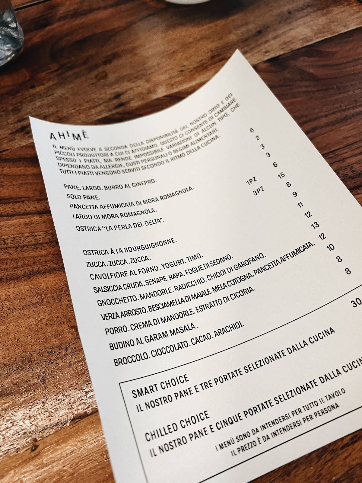 Menu at Ahimè restaurant, Bologna, Via S. Gervasio