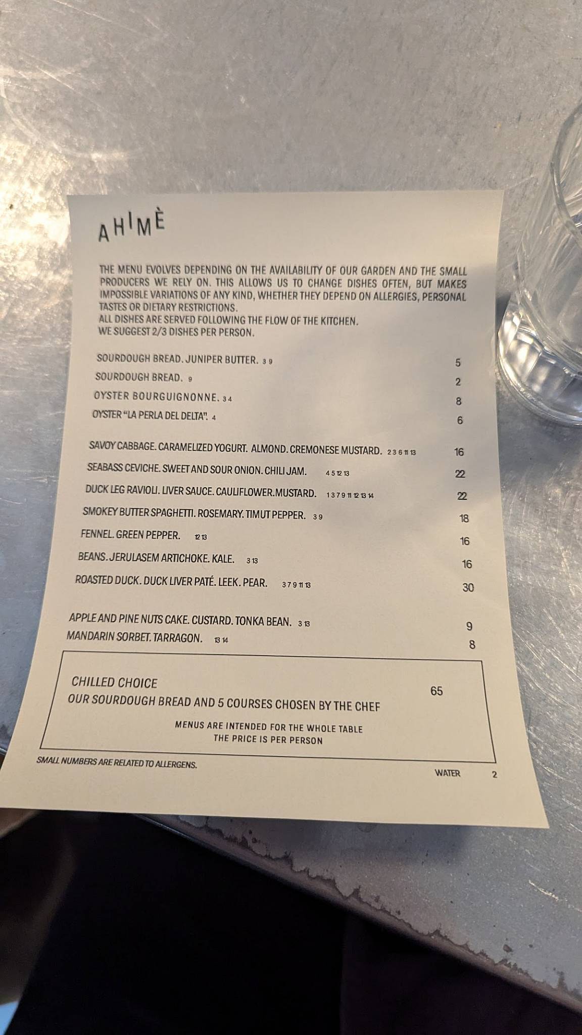 Menu at Ahimè restaurant, Bologna, Via S. Gervasio