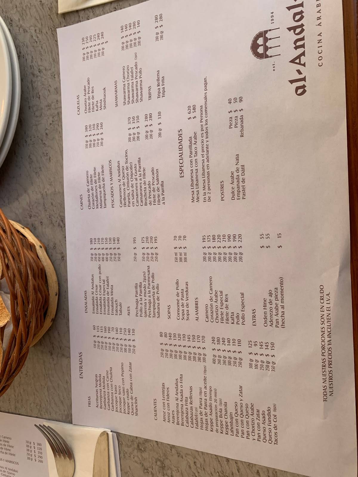 Carta del restaurante Al Andalus, Ciudad del México, Mesones 171 Nueva ...
