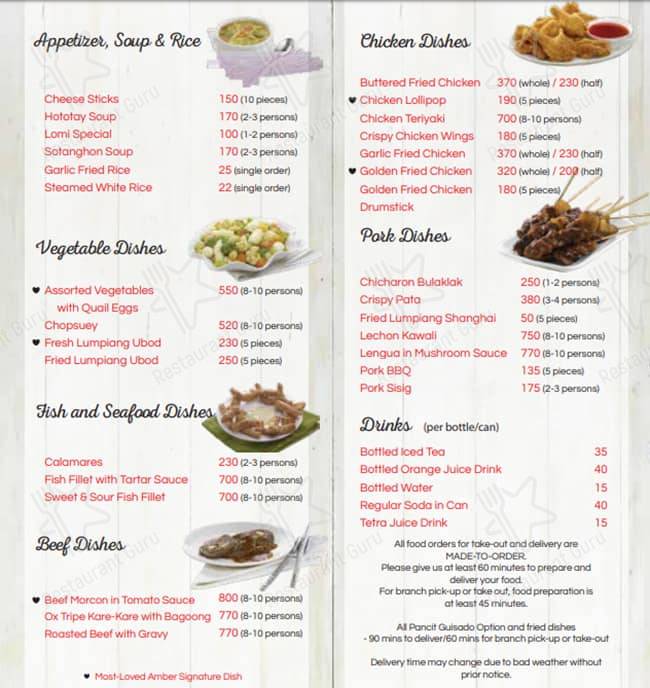 Menu at Amber restaurant, Marikina