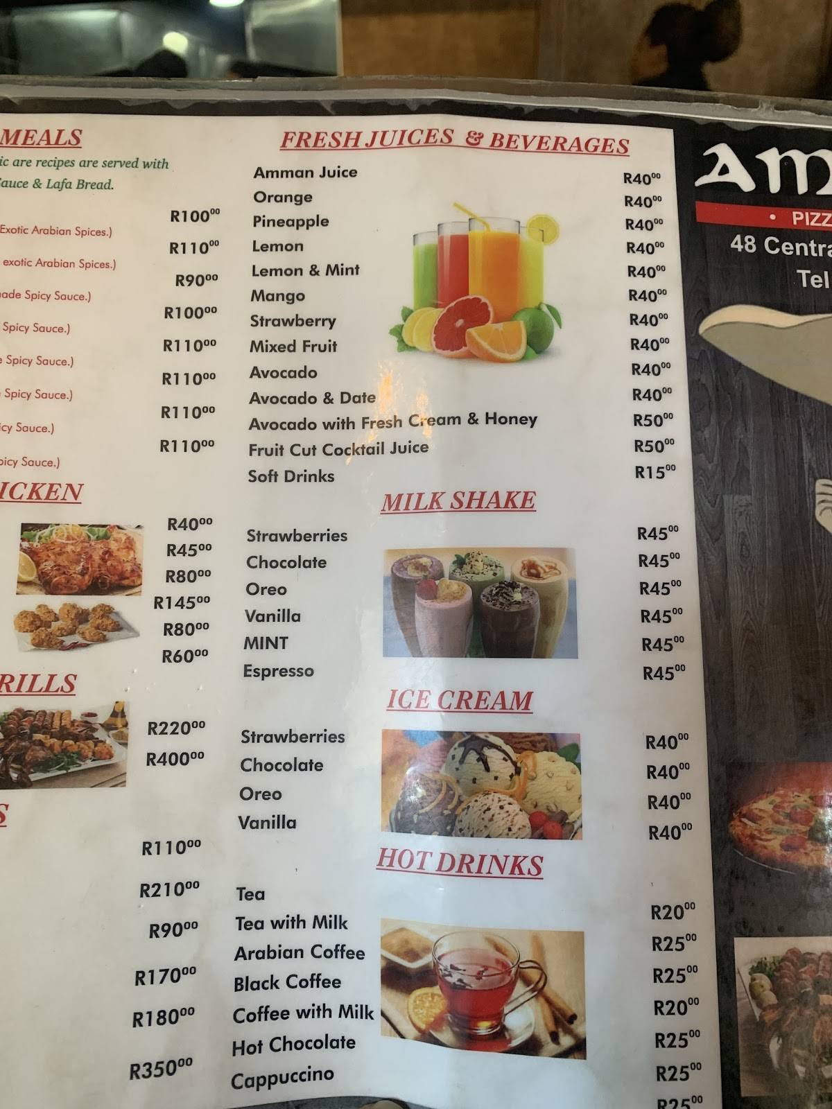 Menu at Amman Restaurant, Johannesburg