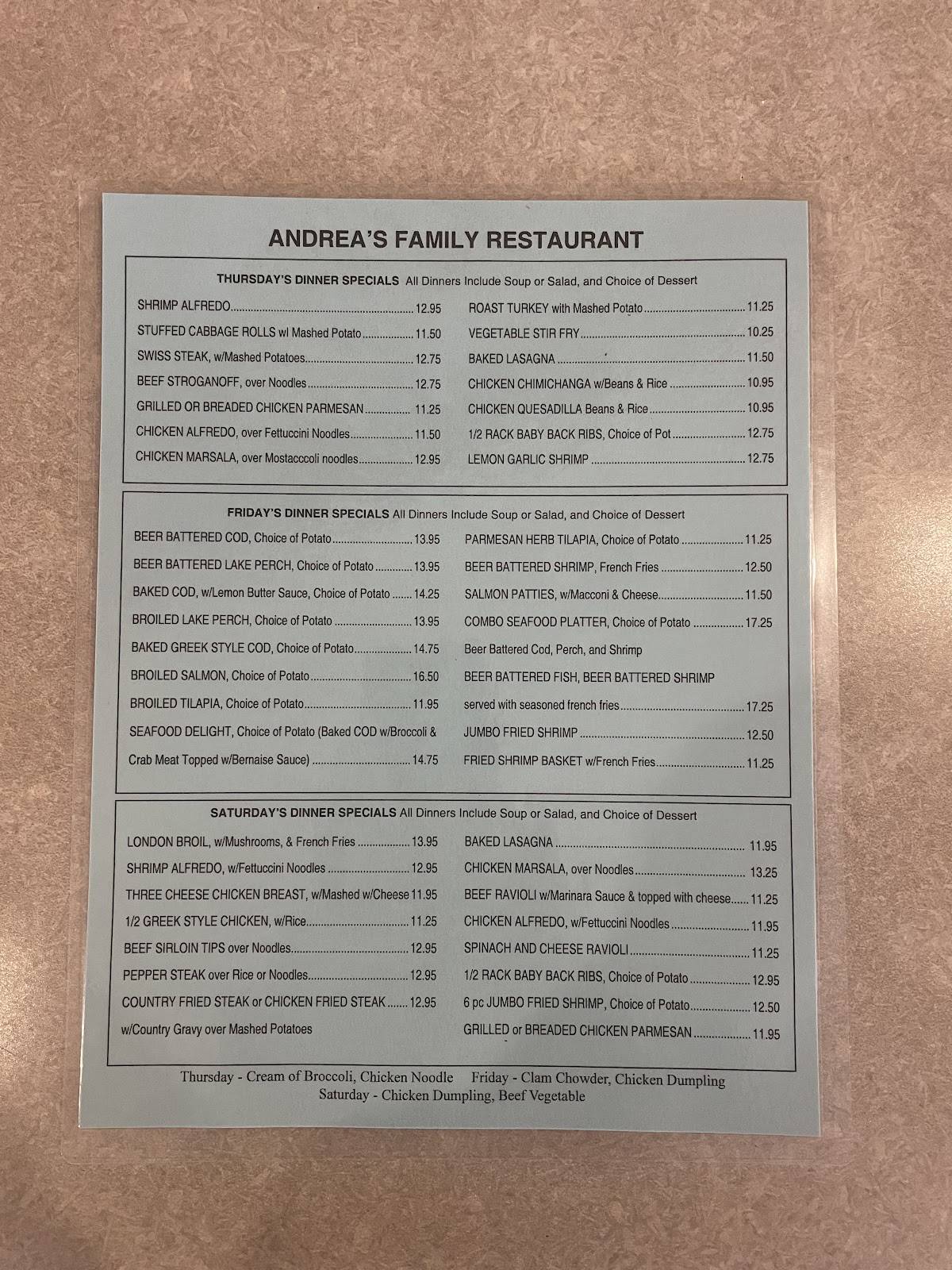 Menu at Andrea’s Family Restaurant, Cudahy