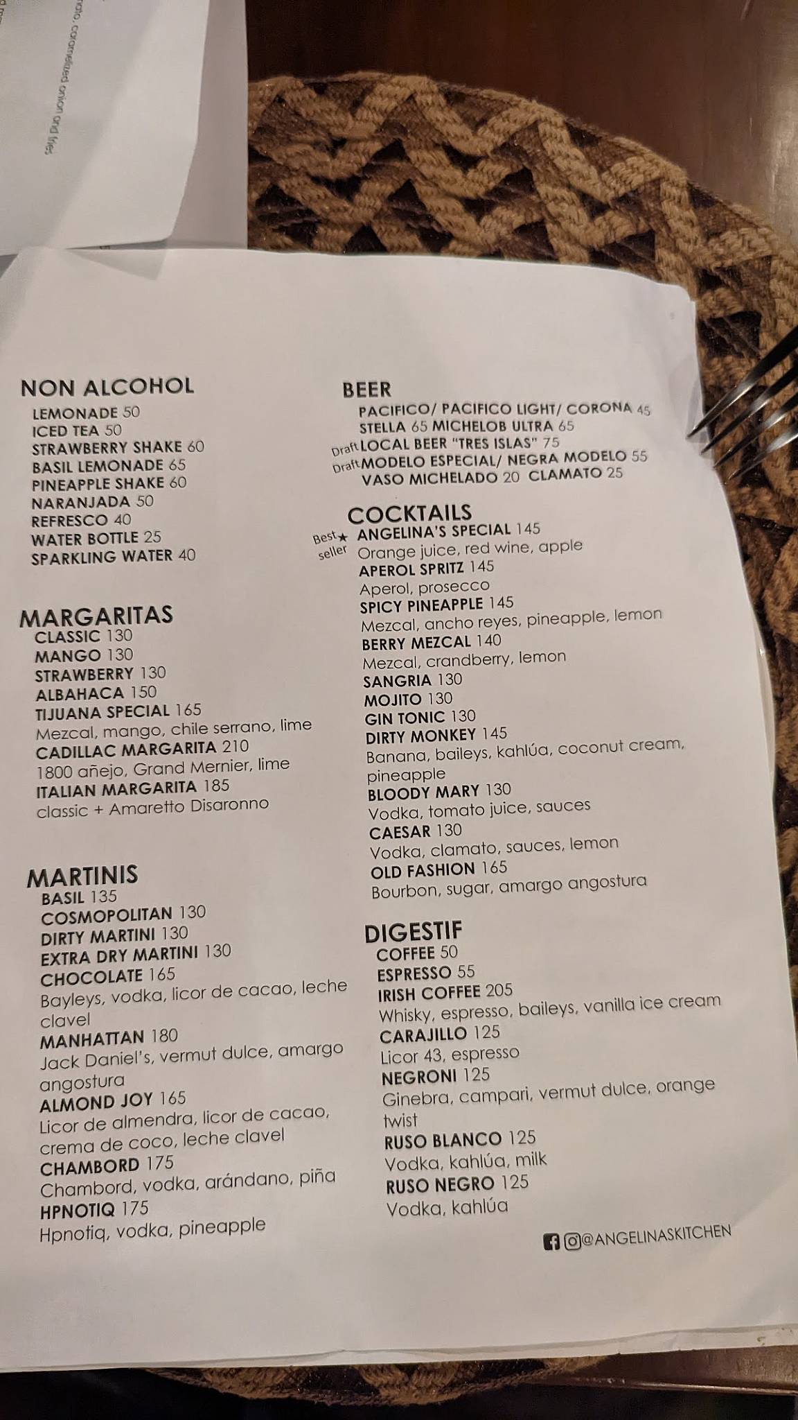 Menu at Angelina's Kitchen restaurant, Mazatlán