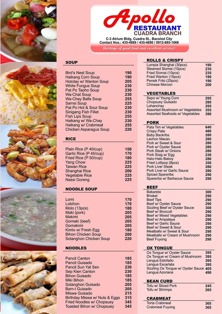 Menu at Apollo Restaurant - Rizal-Locsin, Bacolod, Rizal Locsin St