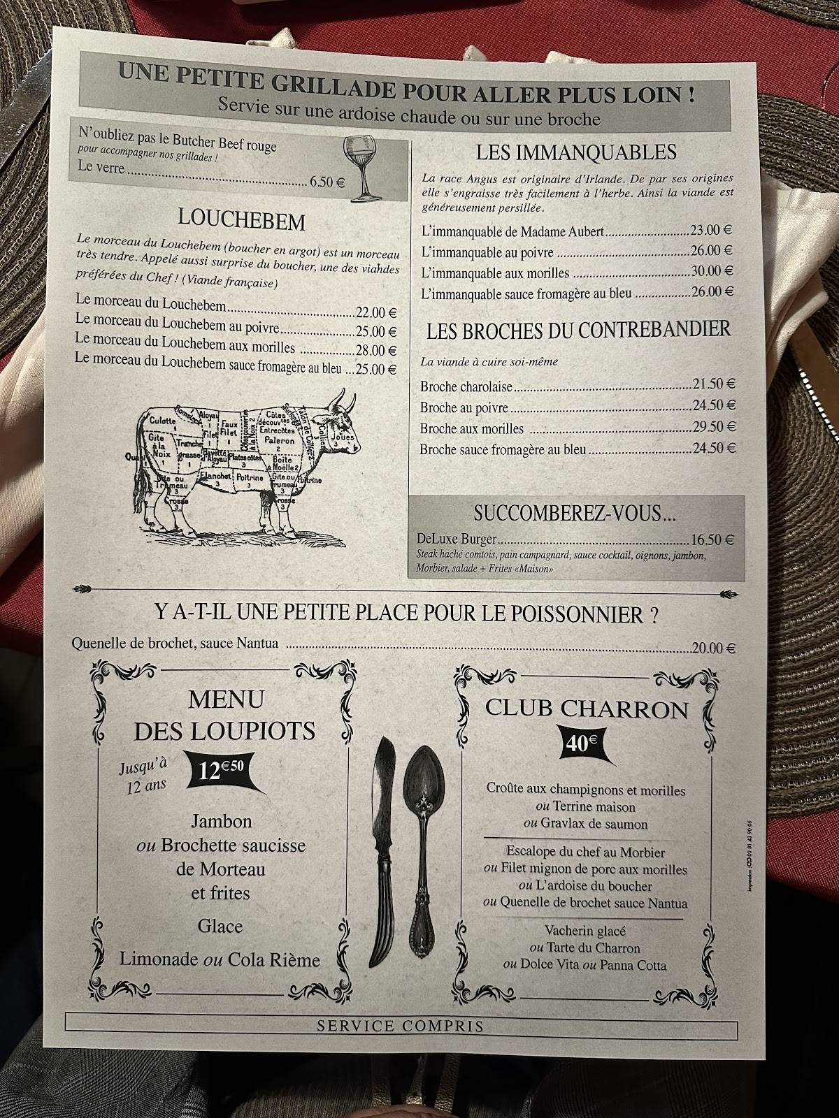 Menu au Auberge Du Charron restaurant, Montlebon