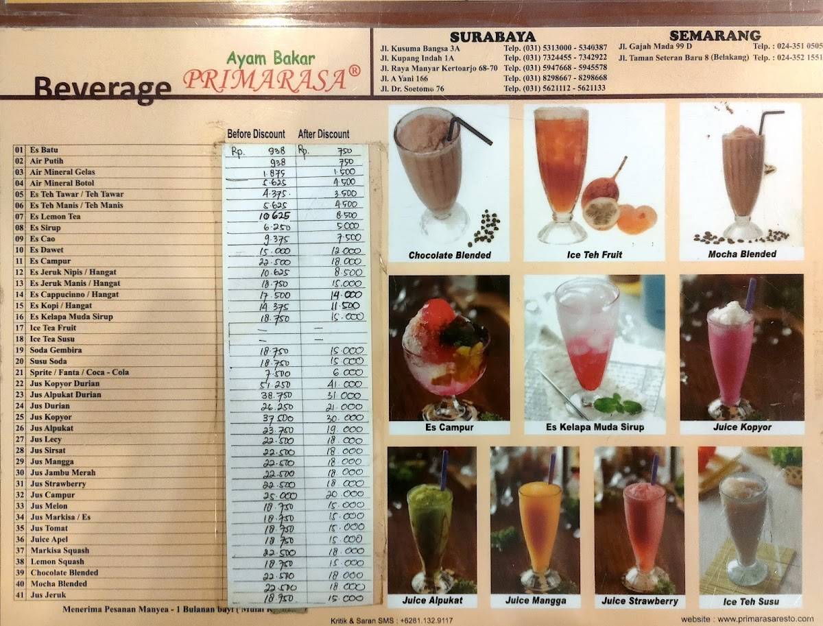 Carta del restaurante Ayam Bakar Primarasa, Semarang, Jl. Gajahmada No.99D