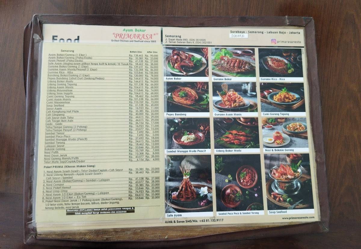 Carta del restaurante Ayam Bakar Primarasa, Semarang, Jl. Gajahmada No.99D