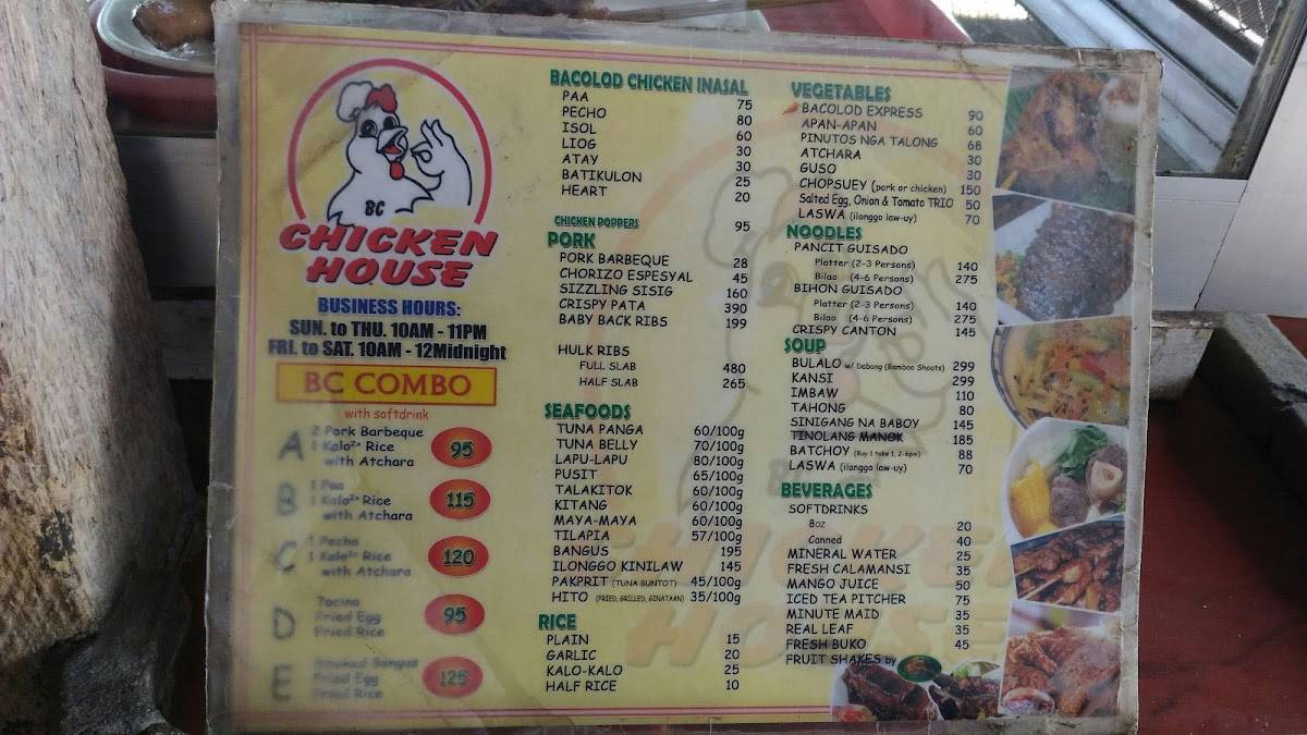 Menu at BC Chicken House restaurant, Davao City, Juna Subdivision