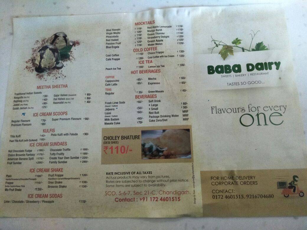 Menu at Baba Dairy, Chandigarh, 5-6-7