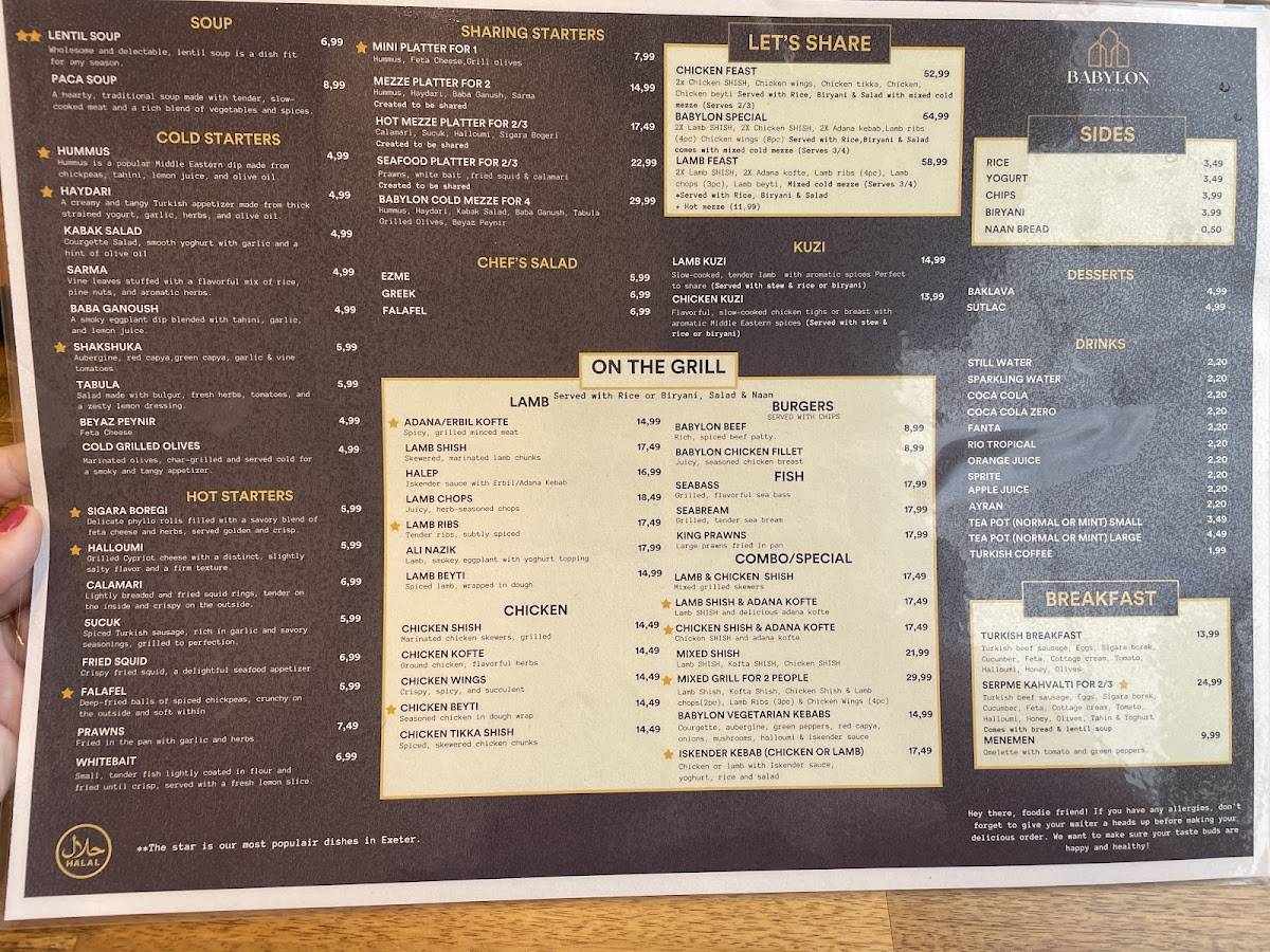 Menu at Babylon restaurant, Exeter