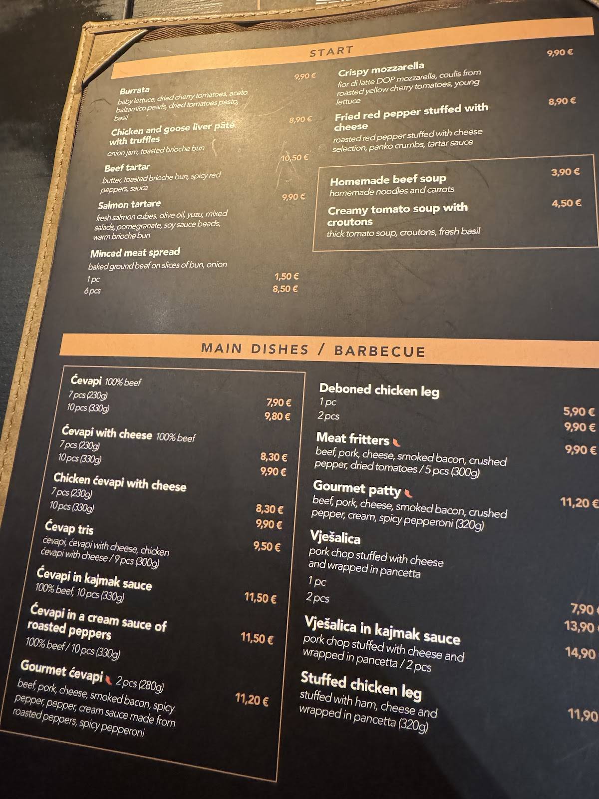 Menu at Batak Tkalčićeva restaurant, Zagreb, Ul. Ivana Tkalčića 70
