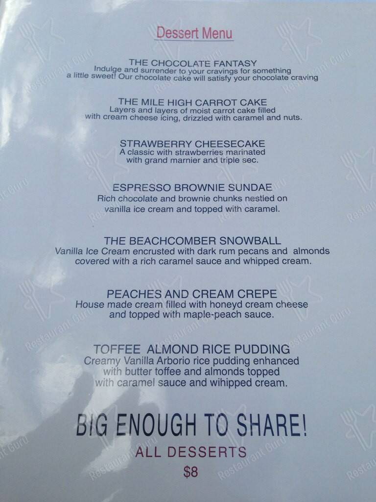 Menu at Beachcomber restaurant, Winnipeg