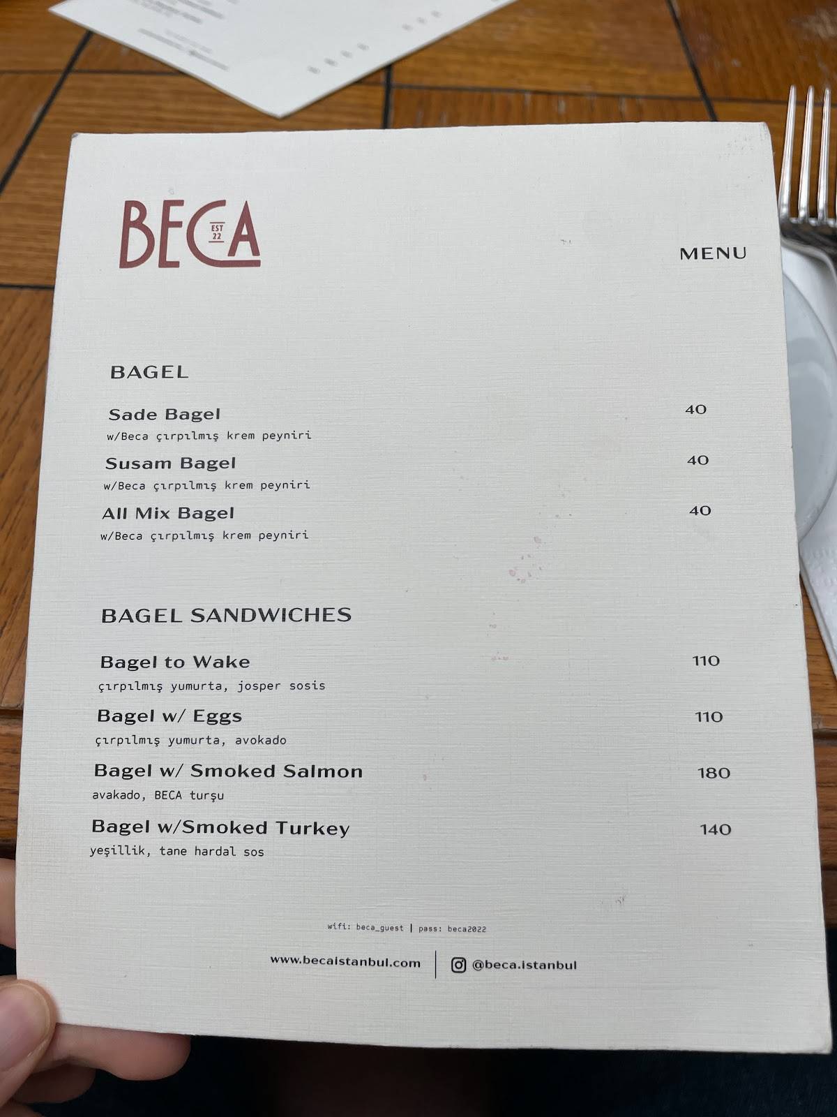 Menu at Beca, Istanbul