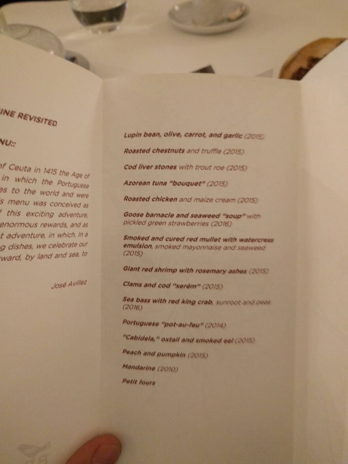 Menu at Belcanto restaurant, Lisbon, R. Serpa Pinto 10A