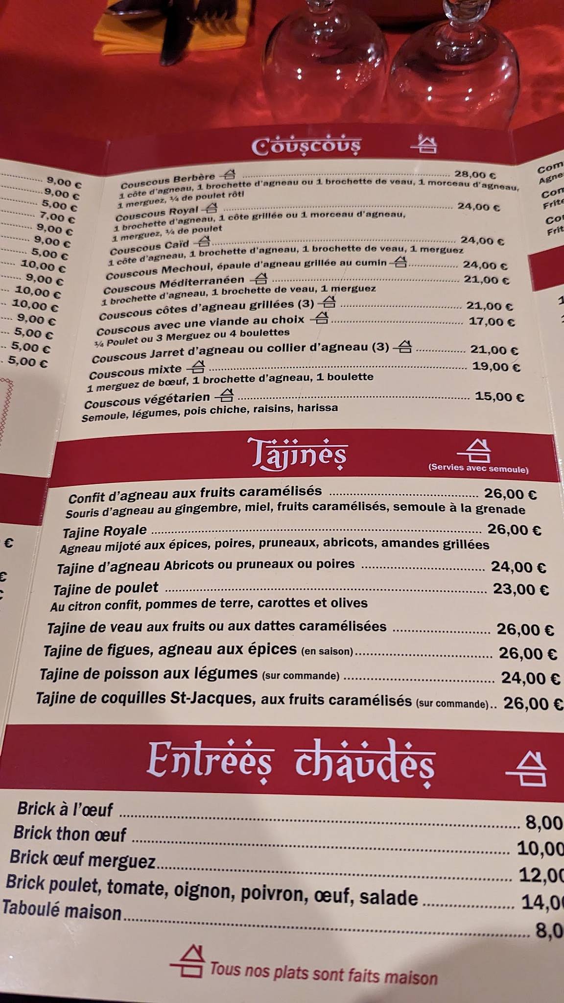 Menu au Restaurant Berbère Couscous, Pont-l'Évêque