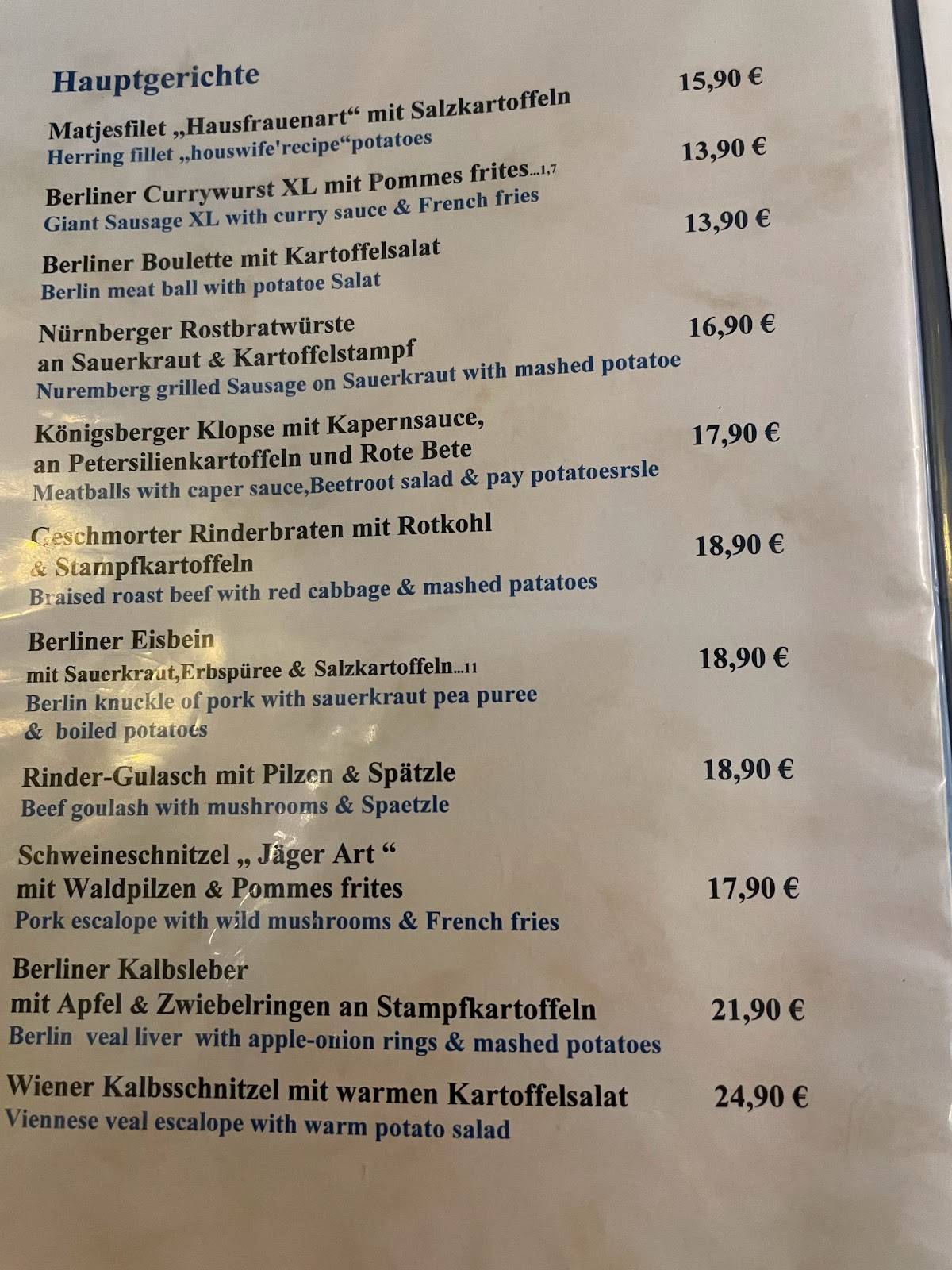 Menu at Berlinchen / Berlin restaurant, Berlin, Bayreuther Str. 44