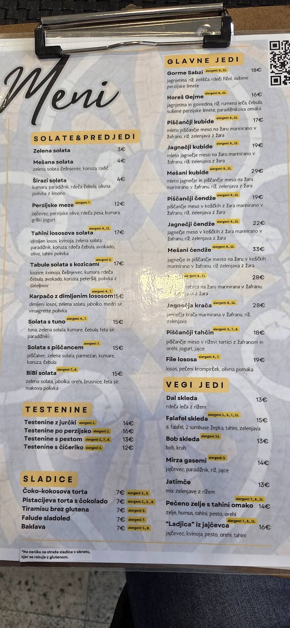 Menu da BiBi Persian Restaurant, Lubiana