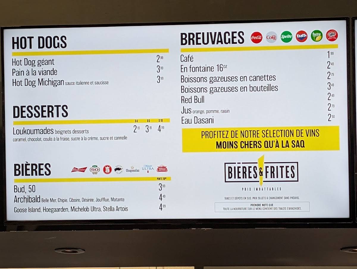 Menu au Bières & Frites restaurant, Québec