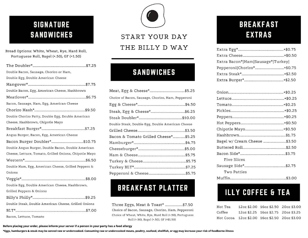 Menu at Billy D's Full Belly Deli restaurant, Shelton