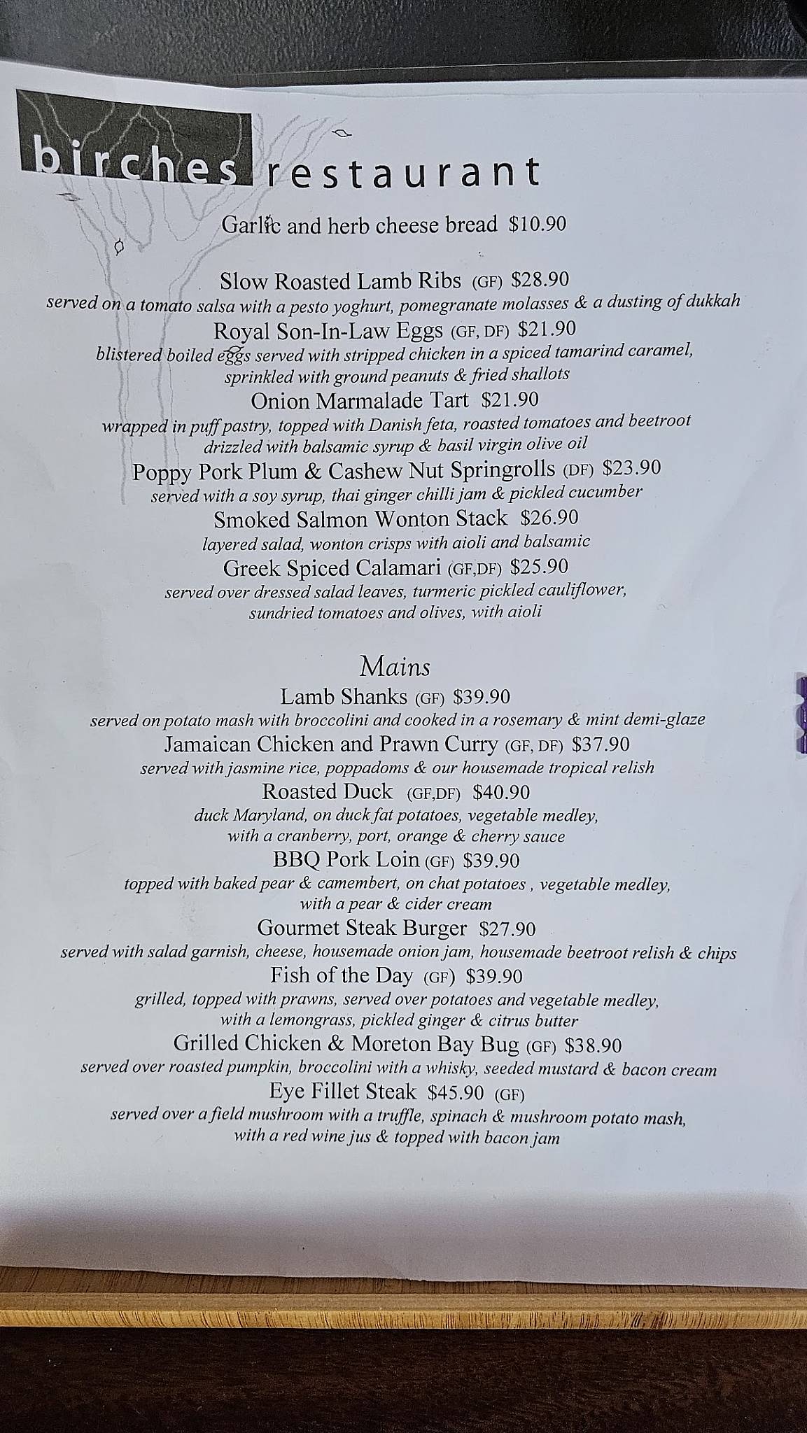 Menu at Birches Restaurant, Mount Mee