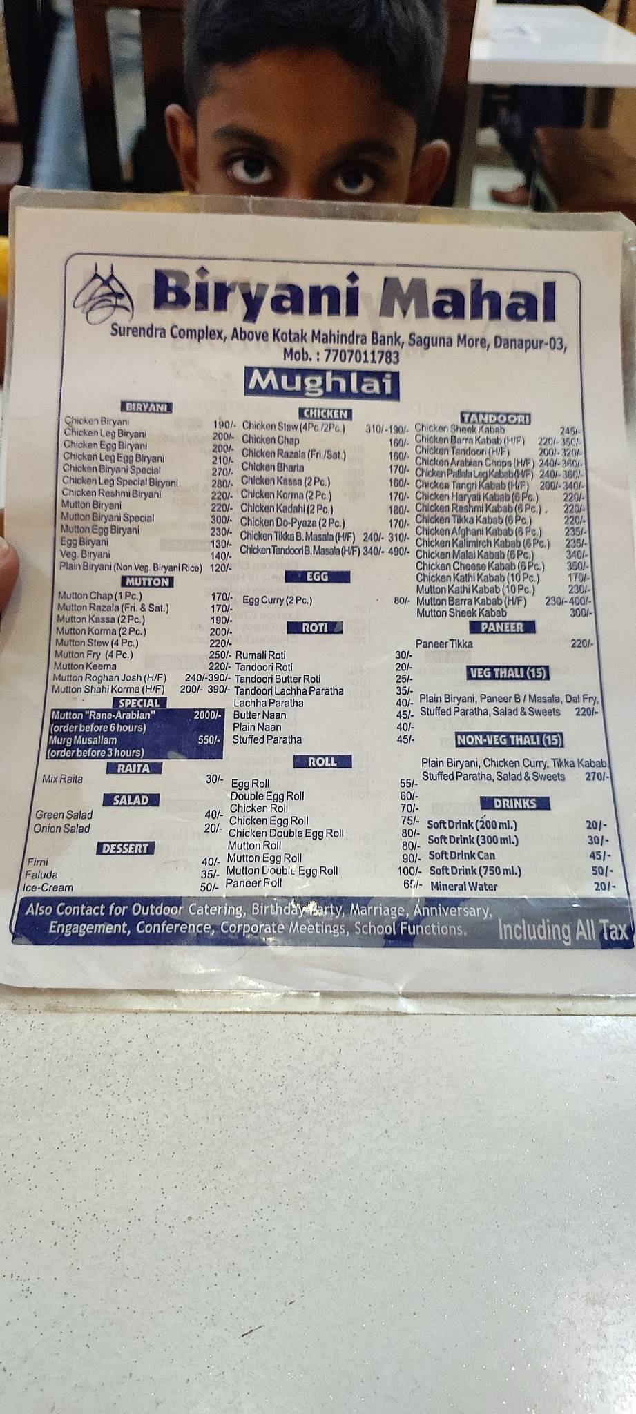 Menu at Biryani Mahal, Patna, J2FR+4F3