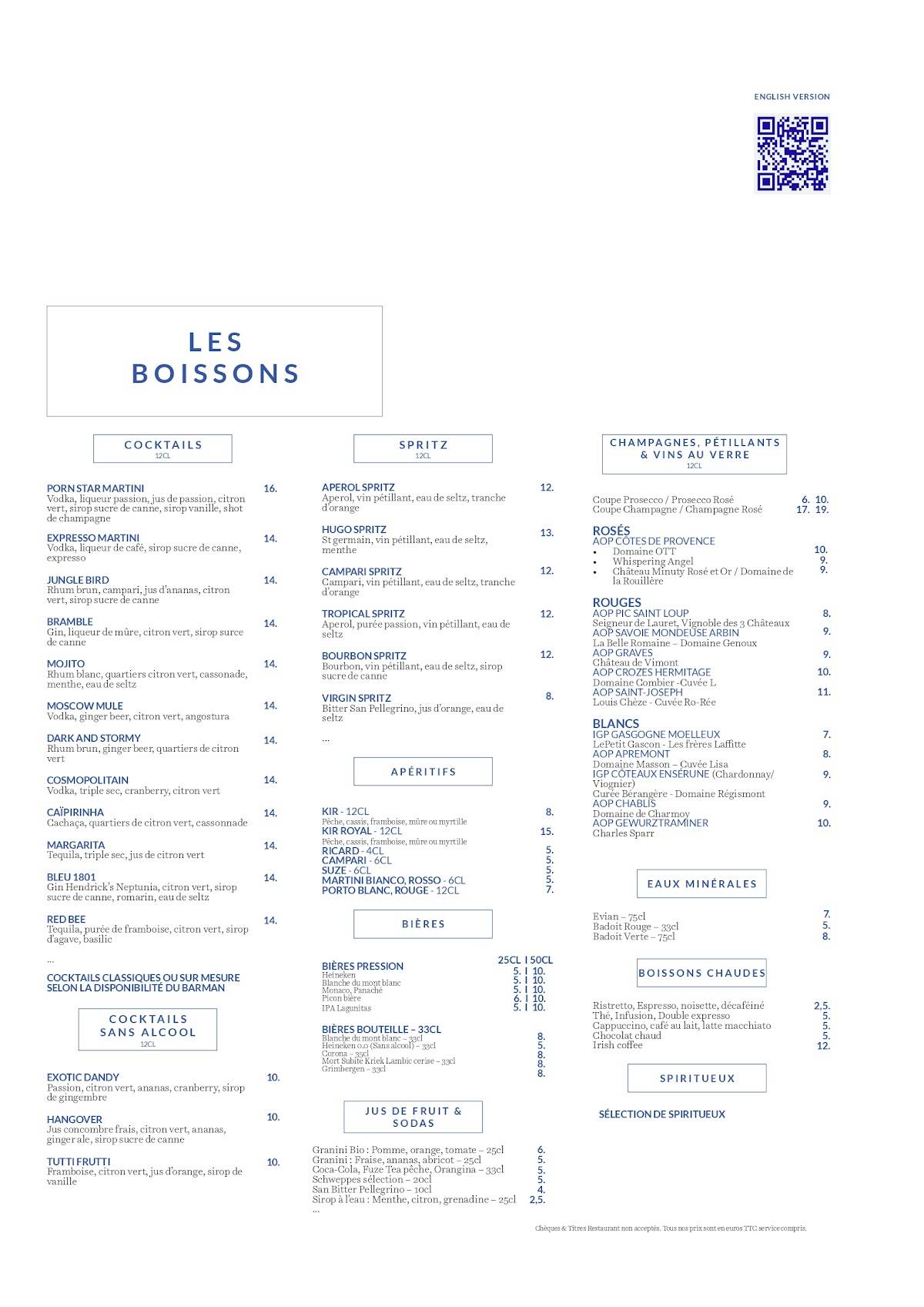 Menu au Bleu 1801 restaurant, Veyrier-du-Lac