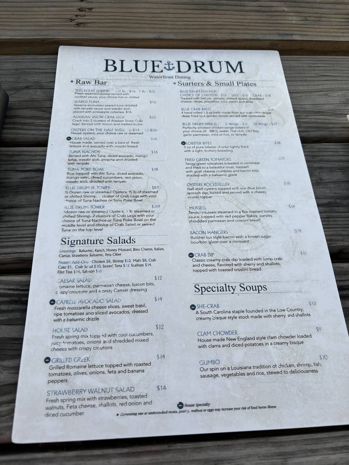 Menu at Blue Drum Waterfront restaurant, Little River