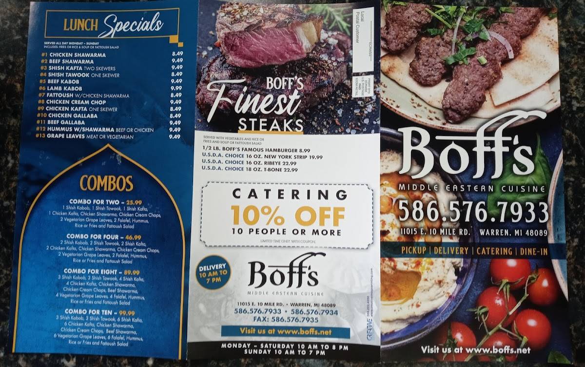 Menu at Boff's Middle Eastern Cuisine restaurant, Warren