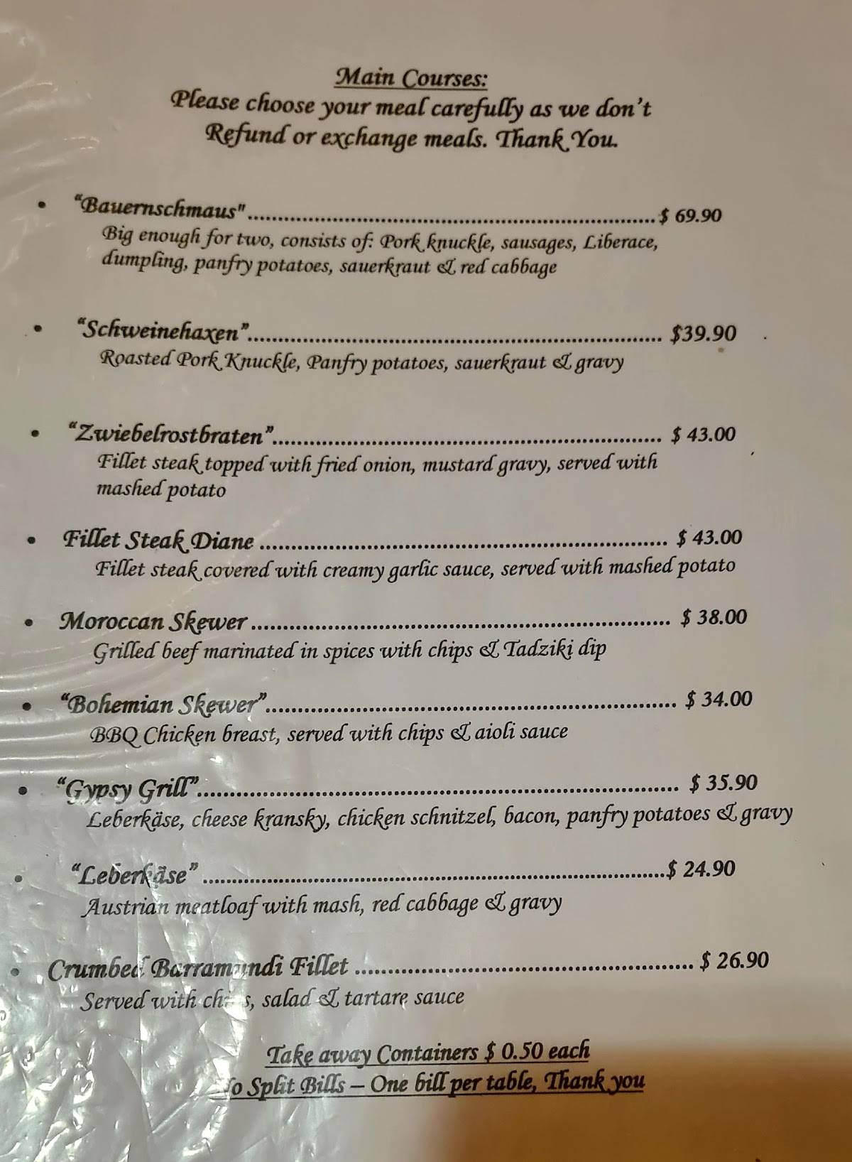 Menu at Bohemian Euro Restaurant, Narellan