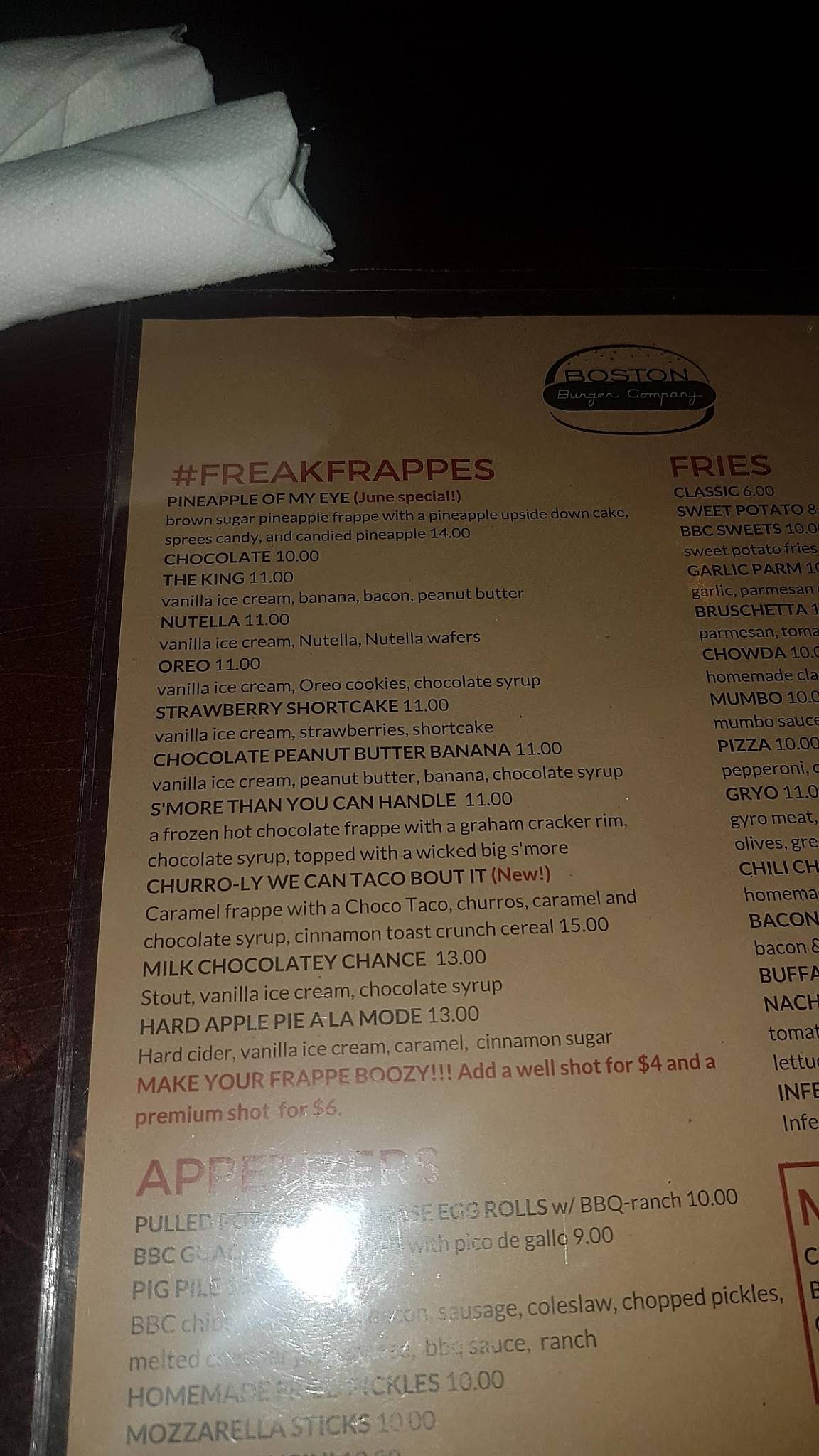 Menu at Boston Burger Company restaurant, Cambridge, Massachusetts Ave
