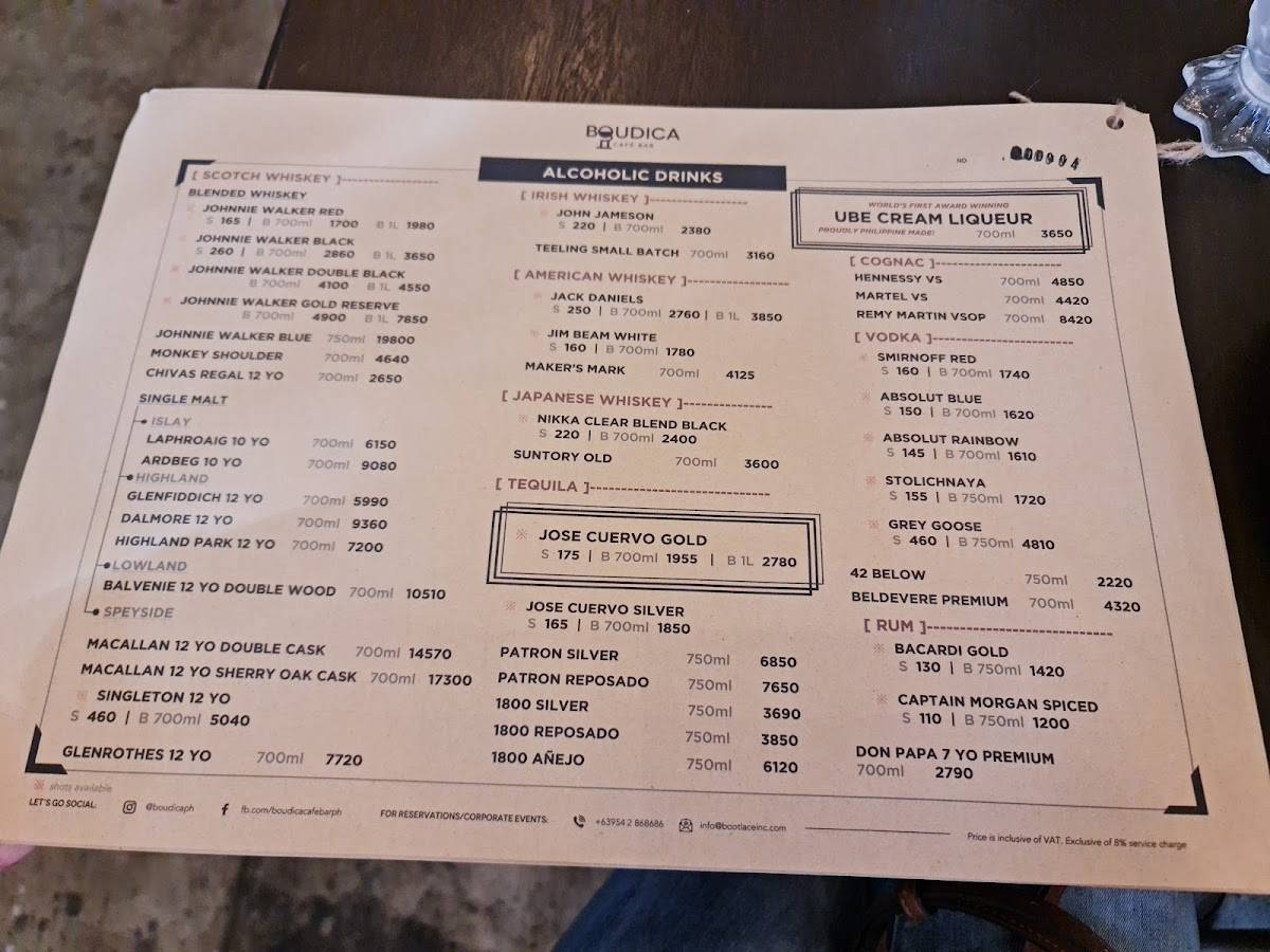 Menu at Boudica Café Bar - SM Mega Tower Megamall, Mandaluyong