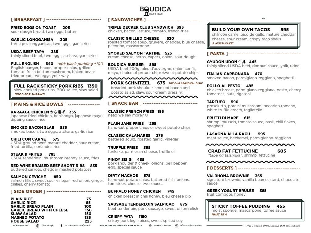 Menu at Boudica Café Bar - SM Mega Tower Megamall, Mandaluyong