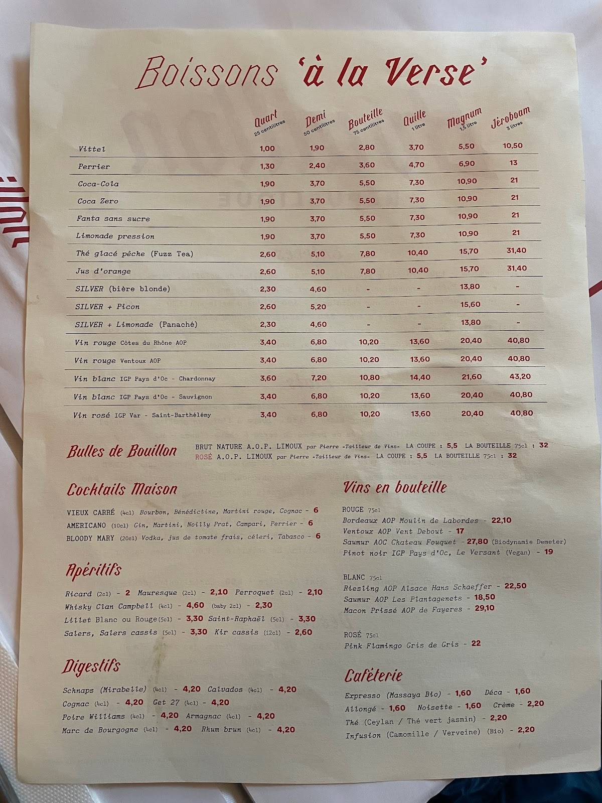 Menu au Bouillon République, Paris