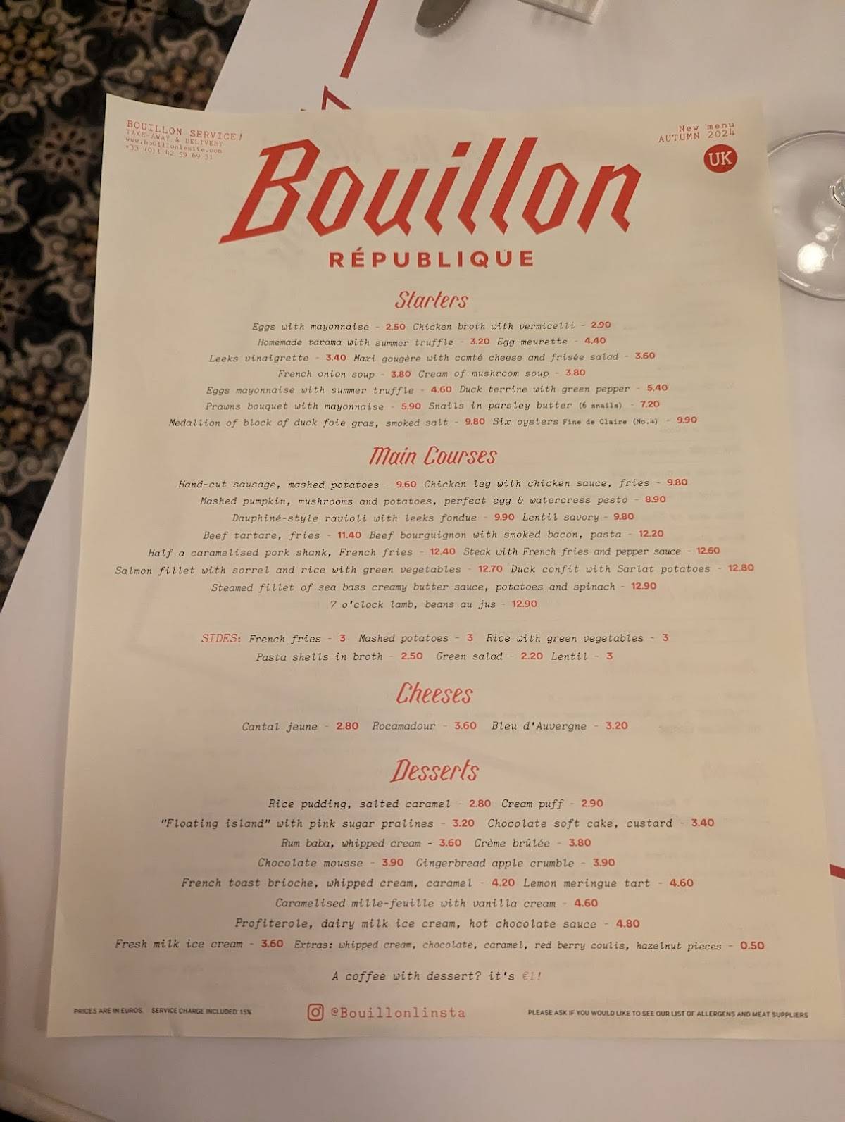 Menu au Bouillon République, Paris