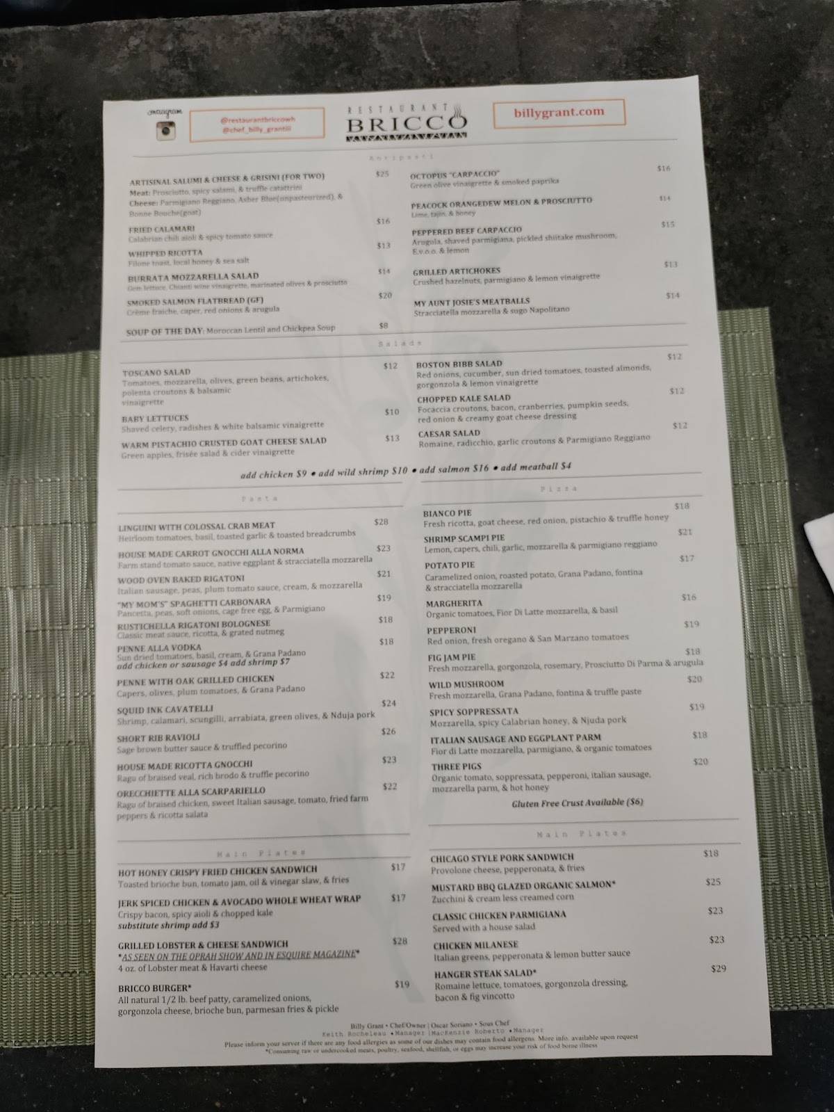 Menu at Restaurant Bricco, West Hartford