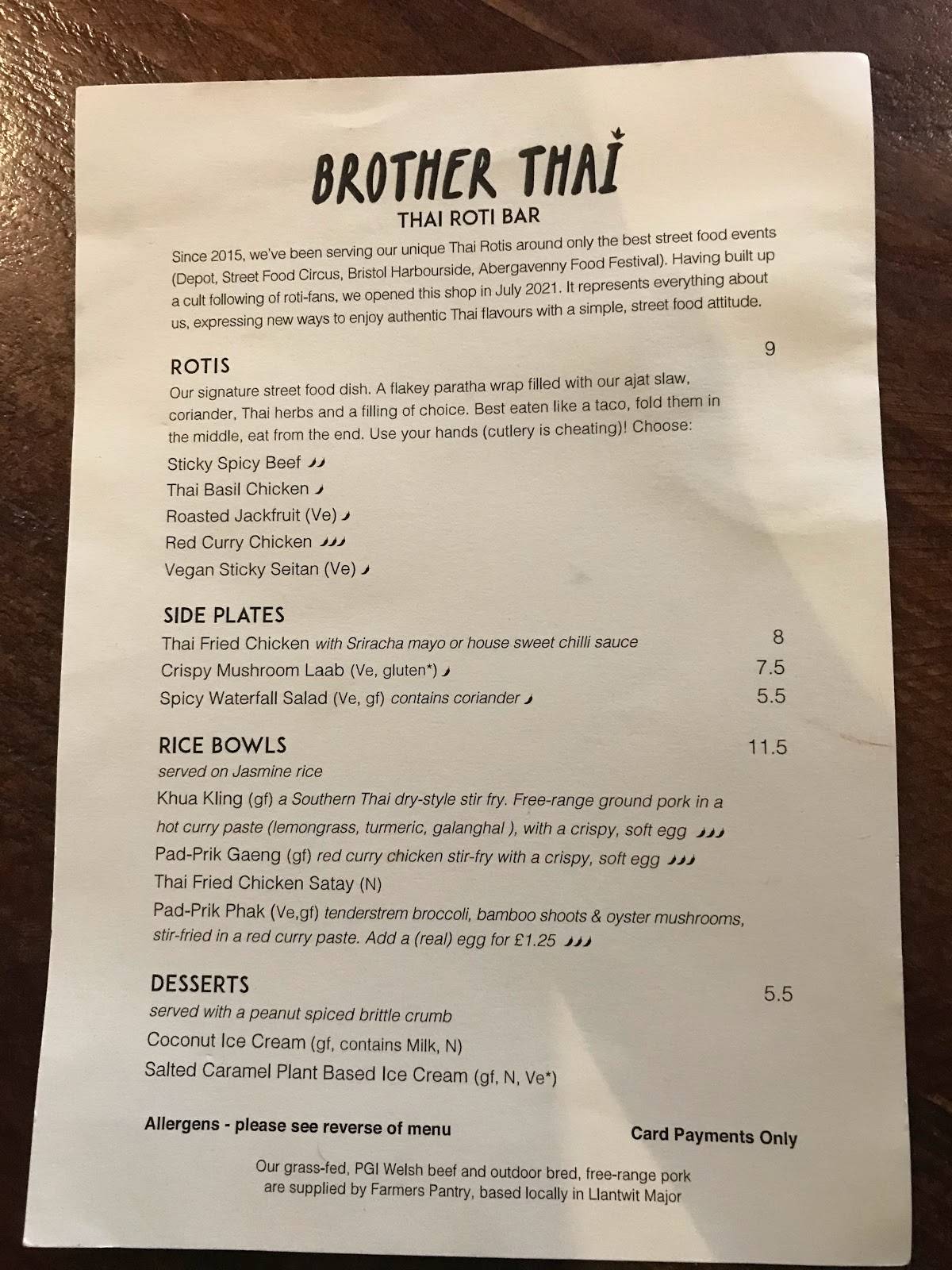 Menu at Brother Thai restaurant, Cardiff