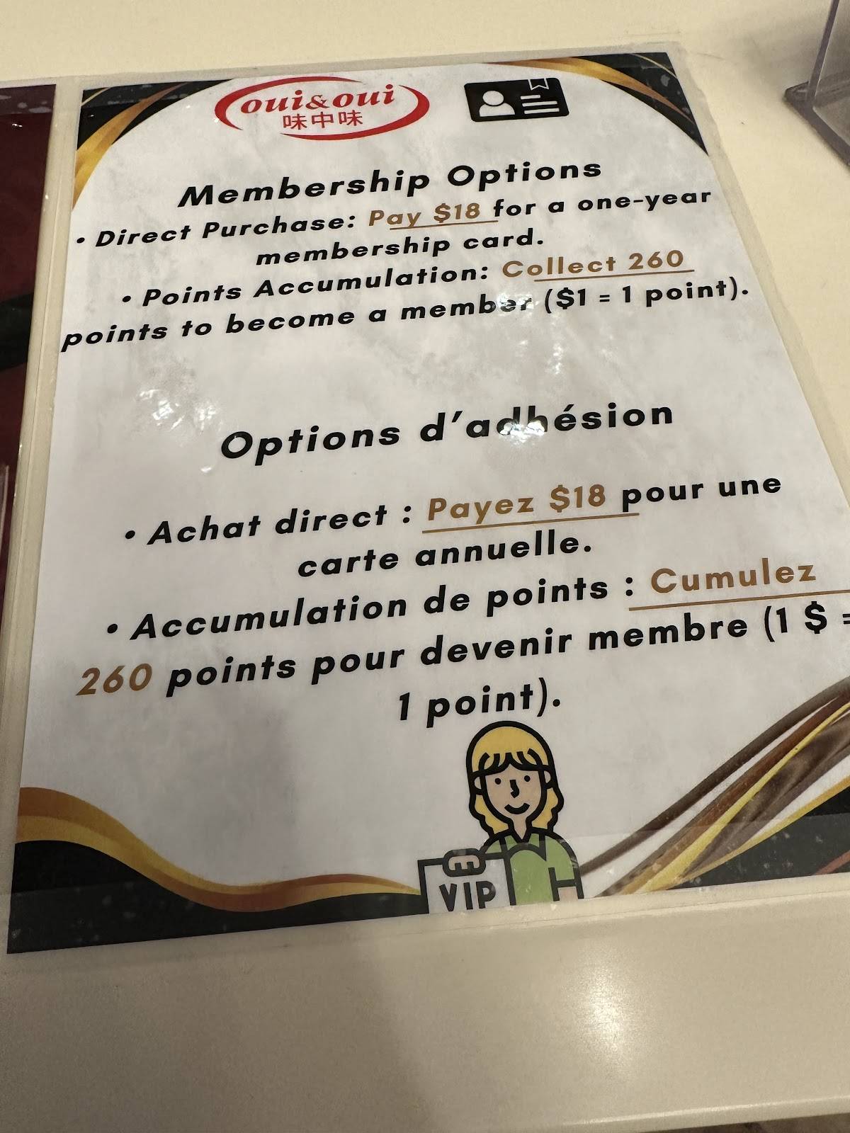 Menu au Buffet Oui & Oui restaurant, Montréal