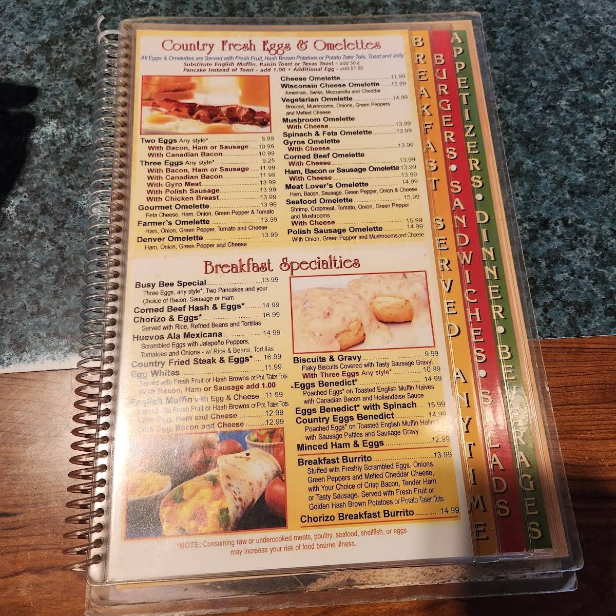 Menu at Busy Bee restaurant, Wonder Lake