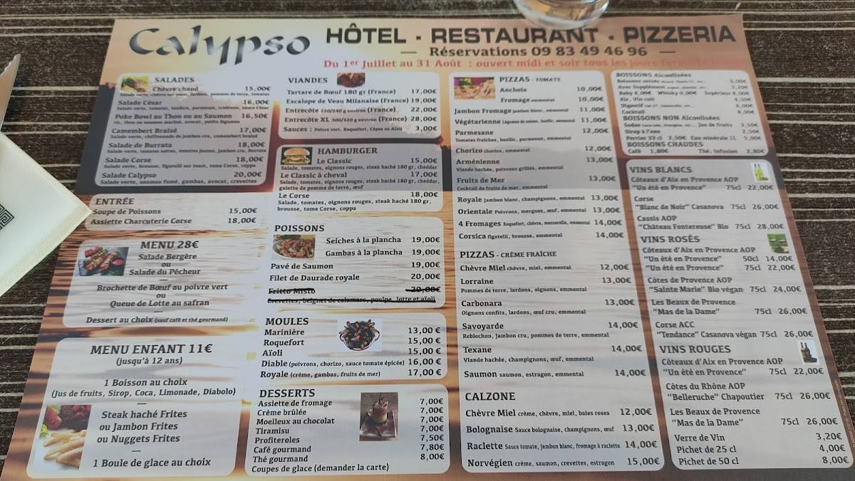 Menu at CALYPSO restaurant, Fos-sur-Mer