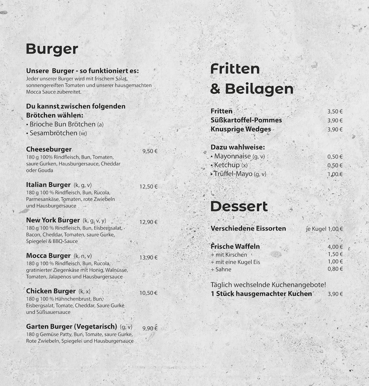 Speisekarte von Café Mocca restaurant, Essen
