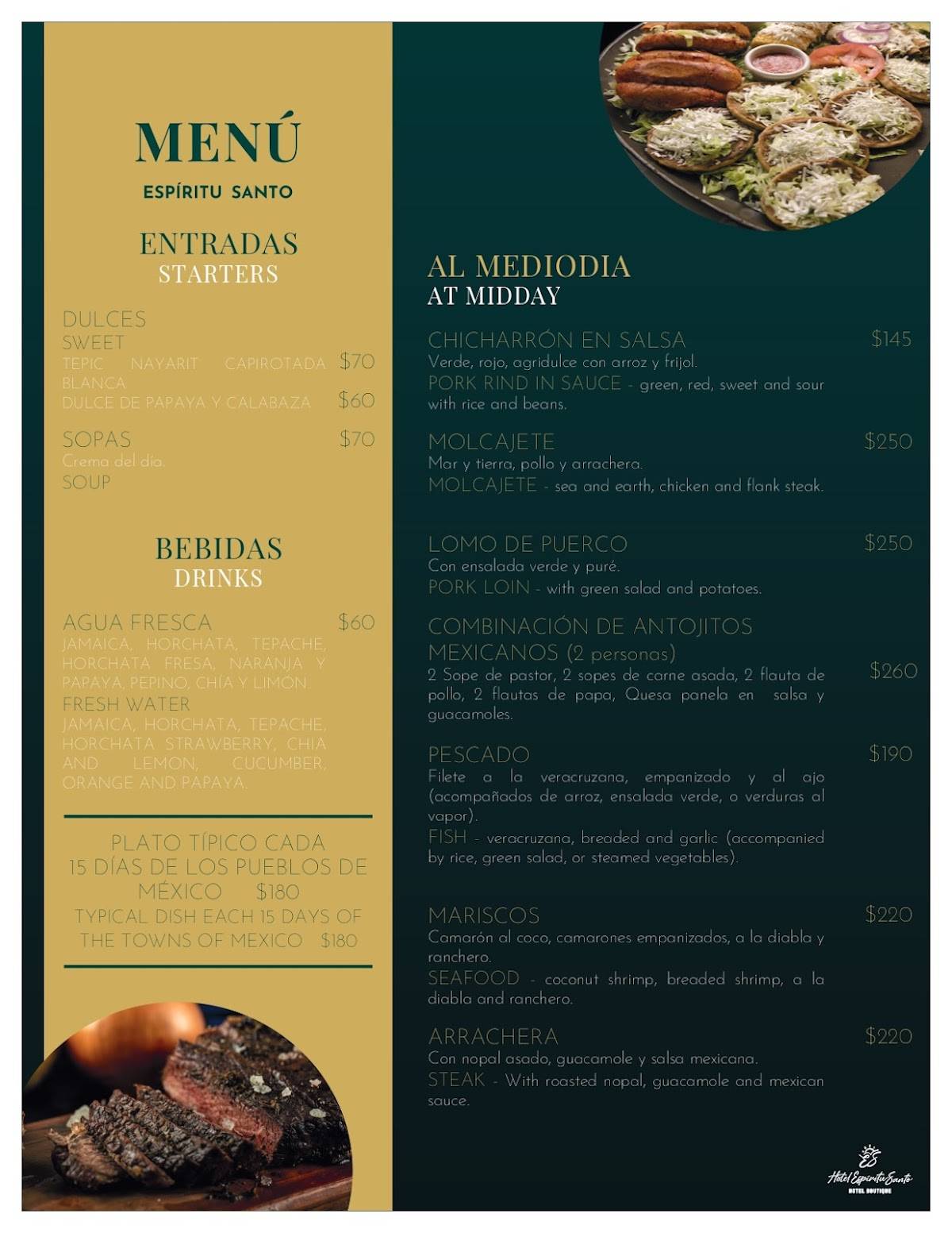 Menu at Espíritu Santo restaurant, La Paz