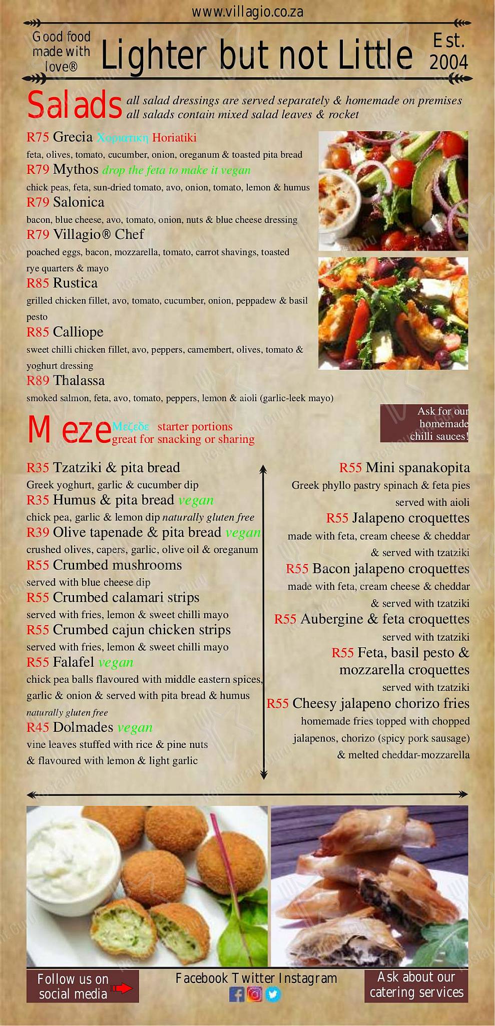 Menu at Caffe Villagio restaurant, Cape Town