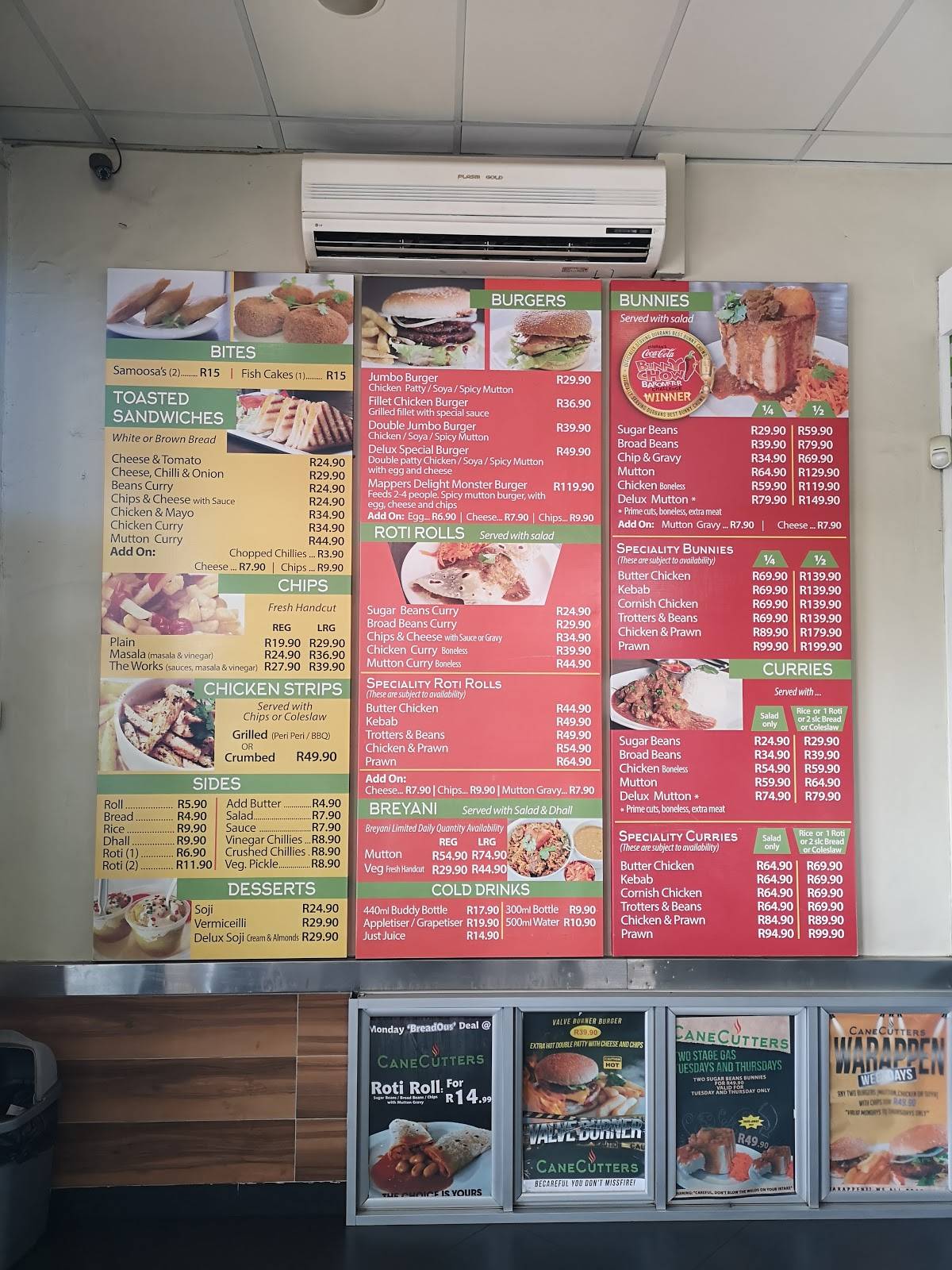 Menu at Canecutters Glenwood restaurant, Durban, 53-55 Helen Joseph Rd