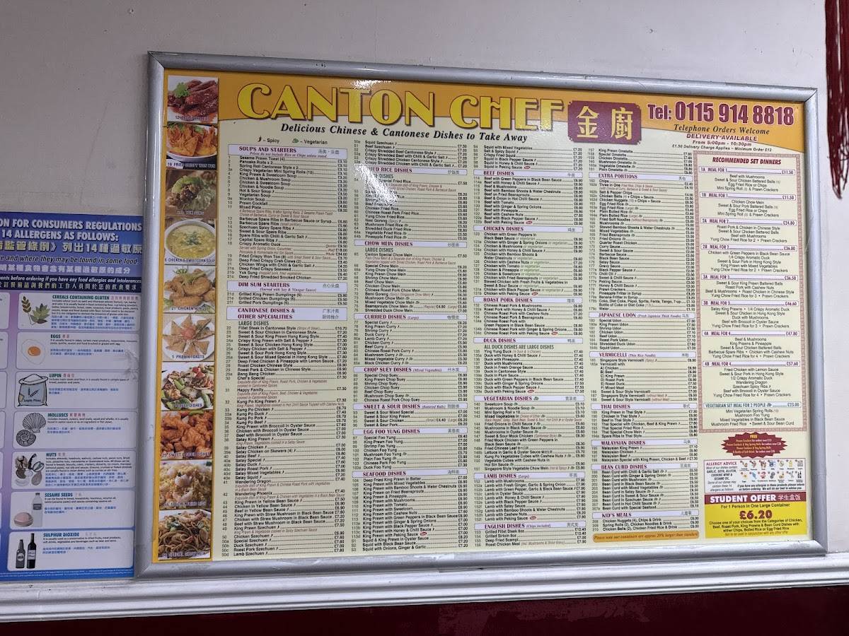 Menu at Canton Chef restaurant, Nottingham, 51 Abbey St